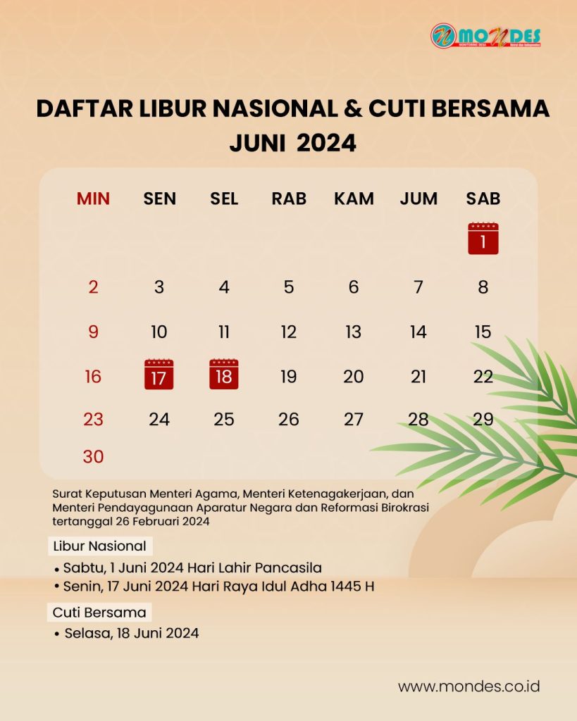 Jadwal Libur dan Cuti Bersama Juni 2024 - Mondes